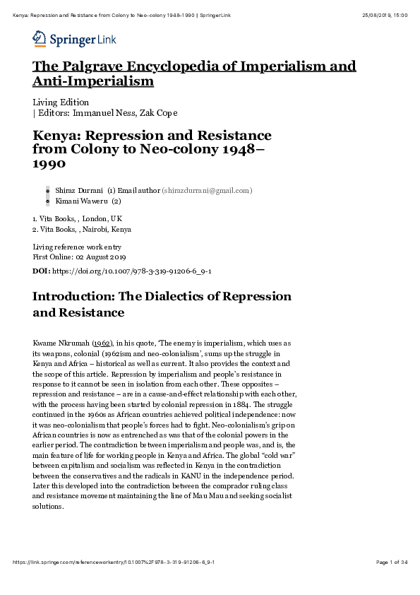 (PDF) Kenya: Repression and Resistance from Colony to Neo-colony 1948 ...