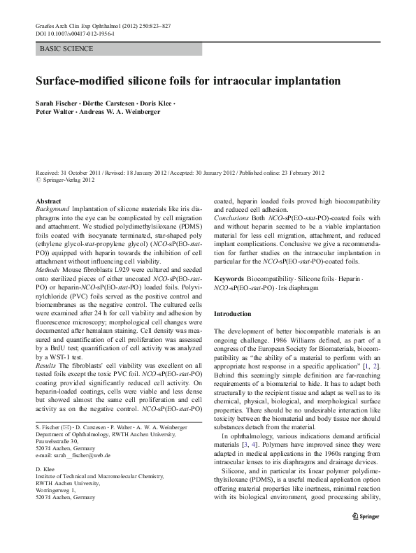 (PDF) Surface-modified silicone foils for intraocular implantation