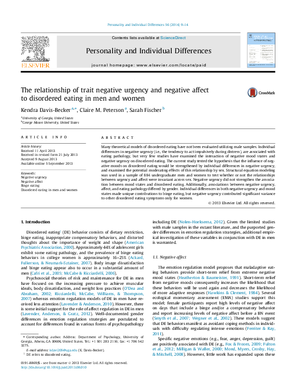 Pdf The Relationship Of Trait Negative Urgency And Negative Affect To