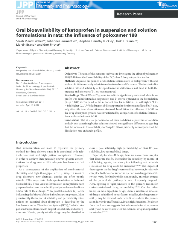 (PDF) Oral bioavailability of ketoprofen in suspension and solution ...
