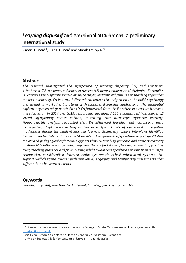 (PDF) Learning dispositif and emotional attachment: a preliminary ...