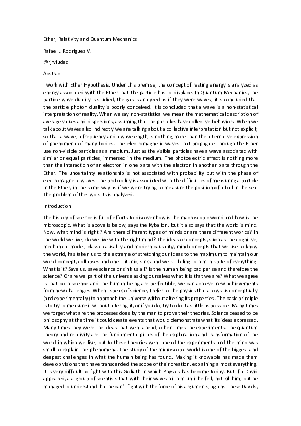 (PDF) Ether, Relativity and Quantum Mechanics