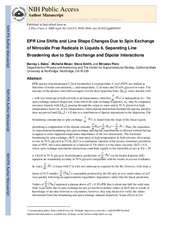 (PDF) EPR Line Shifts and Line Shape Changes due to Spin Exchange of ...
