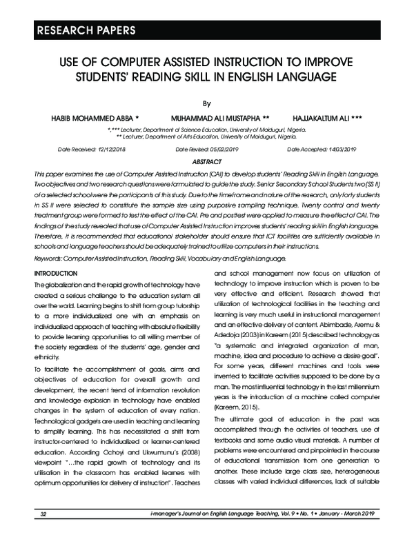 (PDF) USE OF COMPUTER ASSISTED INSTRUCTION TO IMPROVE STUDENTS' READING ...