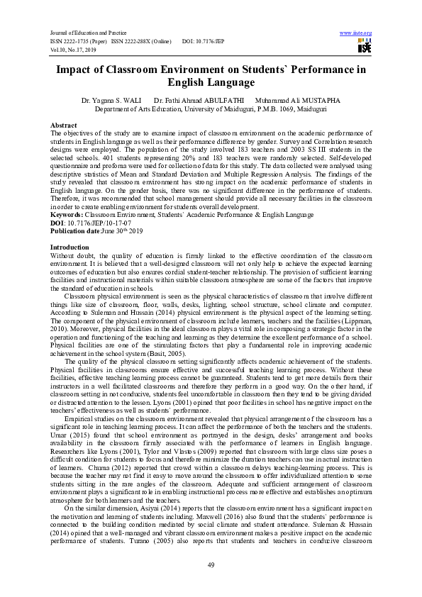(PDF) Impact of Classroom Environment on Students`Students`Performance in English Language
