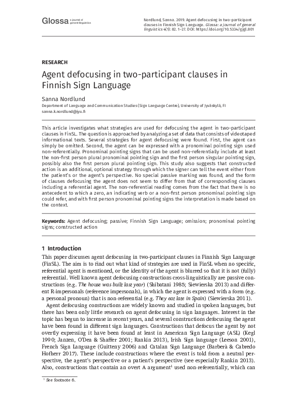 (PDF) Agent defocusing in two-participant clauses in Finnish Sign Language