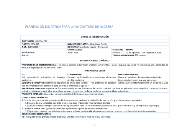 (PDF) PLANEACIÓN DIDÁCTICA PARA LA ASIGNATURA DE ÁLGEBRA