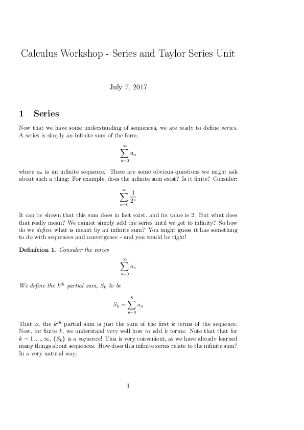 (PDF) Calculus Workshop -Series and Taylor Series Unit
