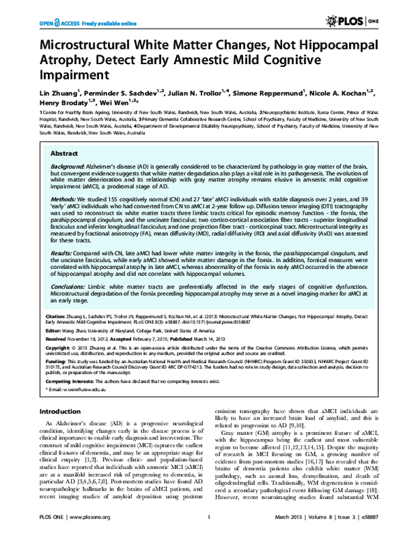 (PDF) Microstructural White Matter Changes, Not Hippocampal Atrophy, Detect Early Amnestic Mild ...