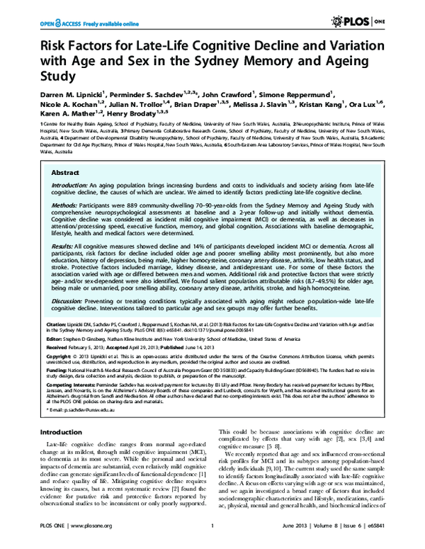 Pdf Risk Factors For Late Life Cognitive Decline And Variation With Age And Sex In The Sydney