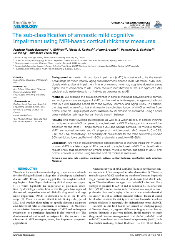 (PDF) The Sub-Classification of Amnestic Mild Cognitive Impairment Using MRI-Based Cortical ...