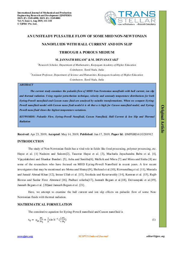 (PDF) AN UNSTEADY PULSATILE FLOW OF SOME MHD NON-NEWTONIAN NANOFLUIDS WITH HALL CURRENT AND ION ...