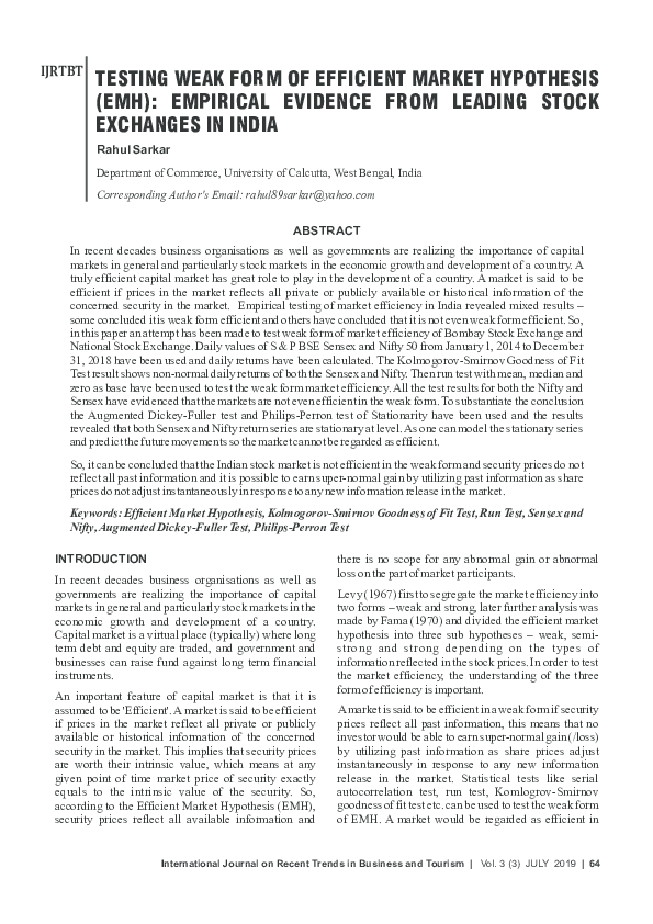 (PDF) TESTING WEAK FORM OF EFFICIENT MARKET HYPOTHESIS (EMH): EMPIRICAL ...