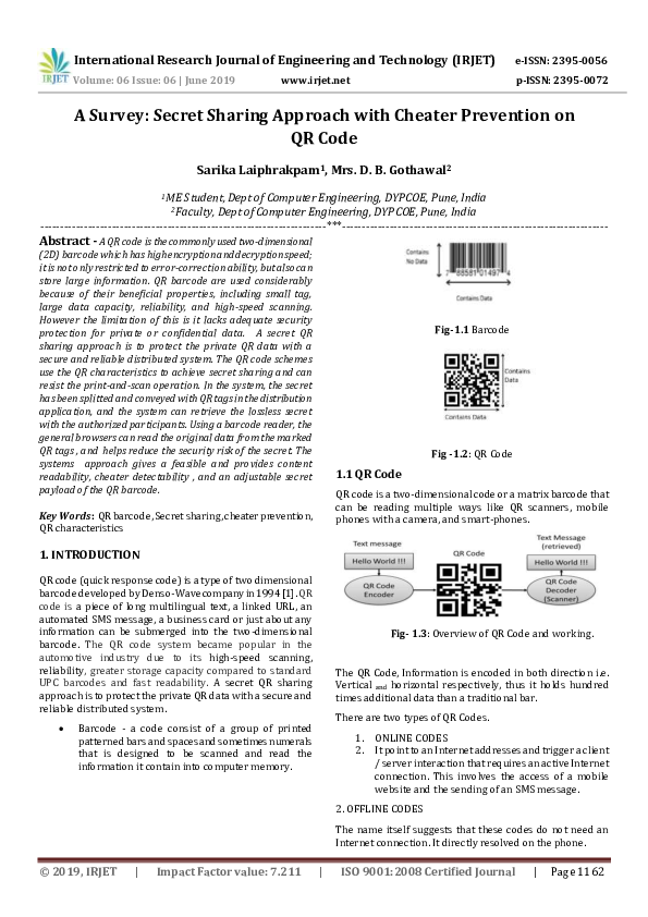 (PDF) A Survey: Secret Sharing Approach with Cheater Prevention on QR Code