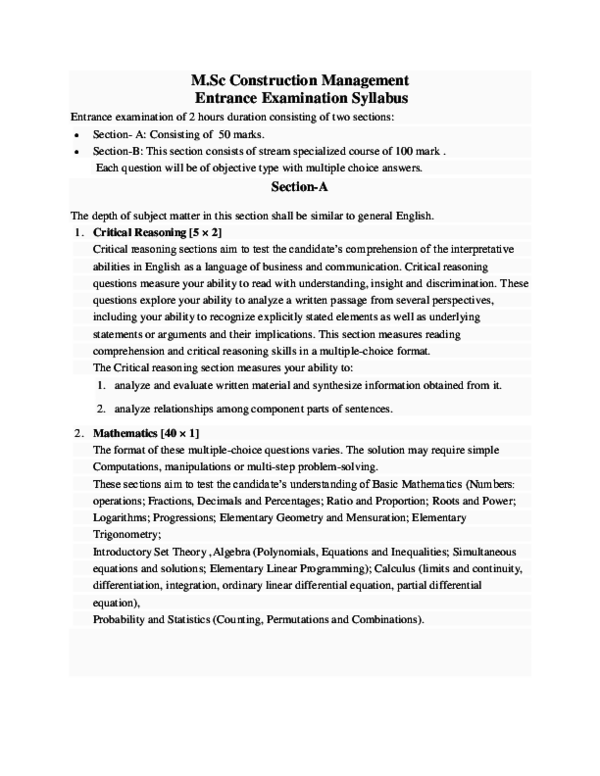 (PDF) M.Sc Construction Management Entrance Examination Syllabus