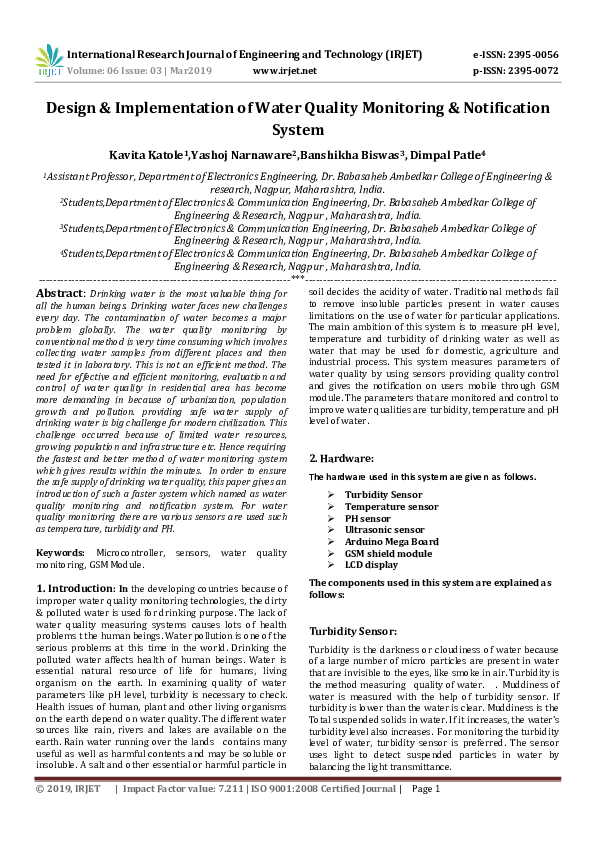 (PDF) IRJET- Design & Implementation of Water Quality Monitoring ...