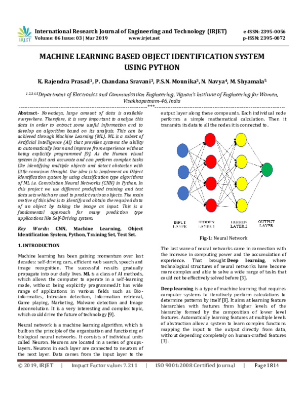 Pdf Irjet Machine Learning Based Object Identification System Using Python