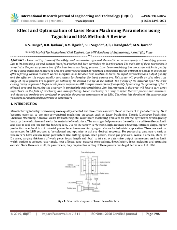 Pdf Irjet Effect And Optimization Of Laser Beam Machining Parameters Using Taguchi And Gra