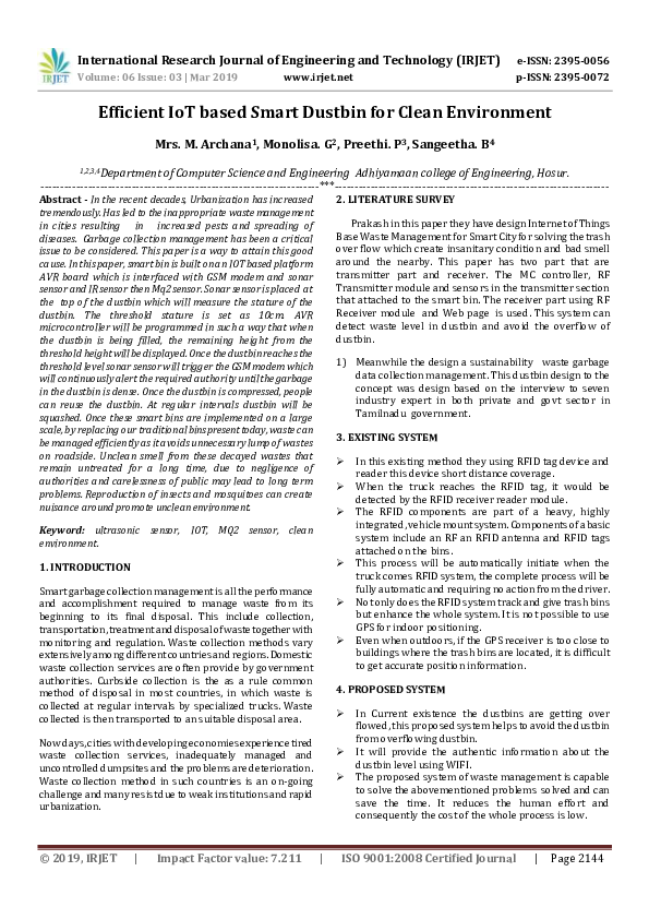 (PDF) IRJET- Efficient IoT based Smart Dustbin for Clean Environment