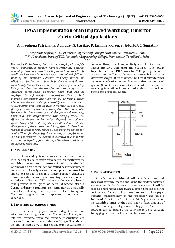 (PDF) IRJET- FPGA Implementation of an Improved Watchdog Timer for ...
