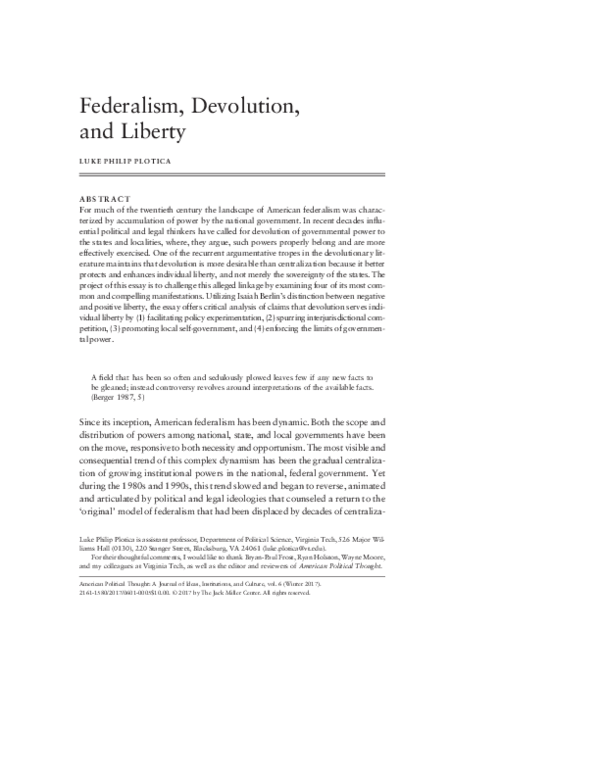 (PDF) Federalism, Devolution, and Liberty