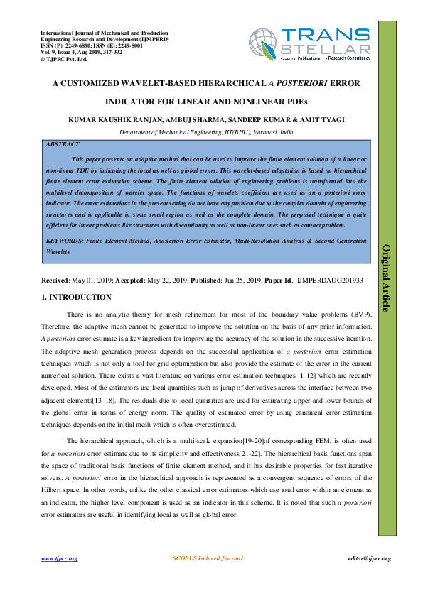 Pdf A Customized Wavelet Based Hierarchical A Posteriori Error Indicator For Linear And