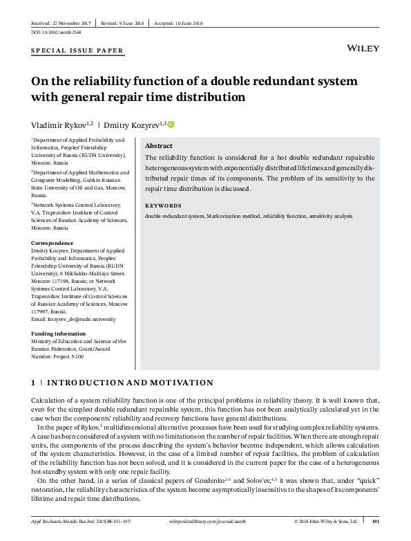 (PDF) On the reliability function of a double redundant system with ...