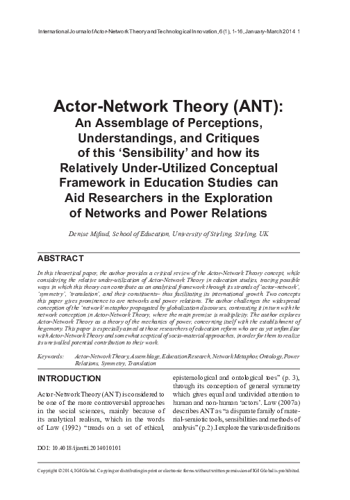 (PDF) Actor-Network Theory (ANT): An Assemblage of Perceptions ...