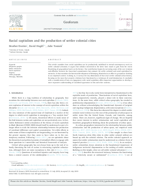 (PDF) Racial capitalism and the production of settler colonial cities