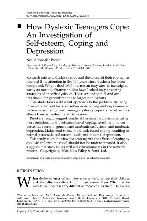 (PDF) How Dyslexic Teenagers Cope: An Investigation of Self-esteem ...