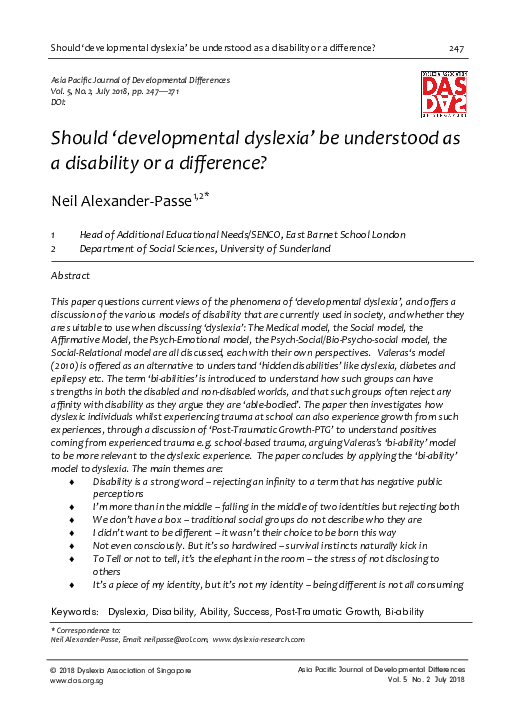 (PDF) Should ‘developmental dyslexia’ be understood as a disability or ...