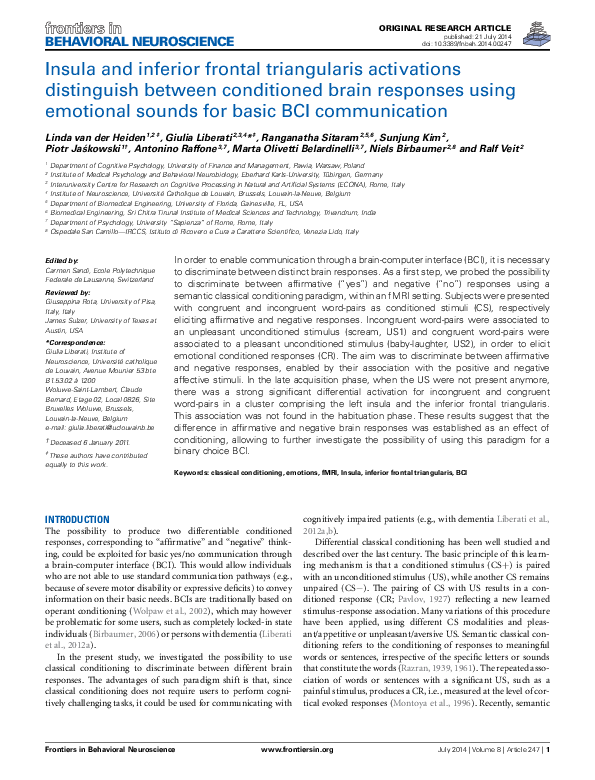 (PDF) Insula and Inferior Frontal Activations in BCI with Emotional Sounds