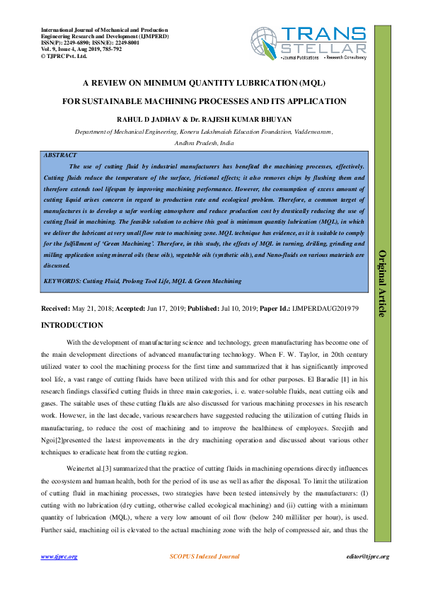 (PDF) A REVIEW ON MINIMUM QUANTITY LUBRICATION (MQL) FOR SUSTAINABLE MACHINING PROCESSES AND ITS ...