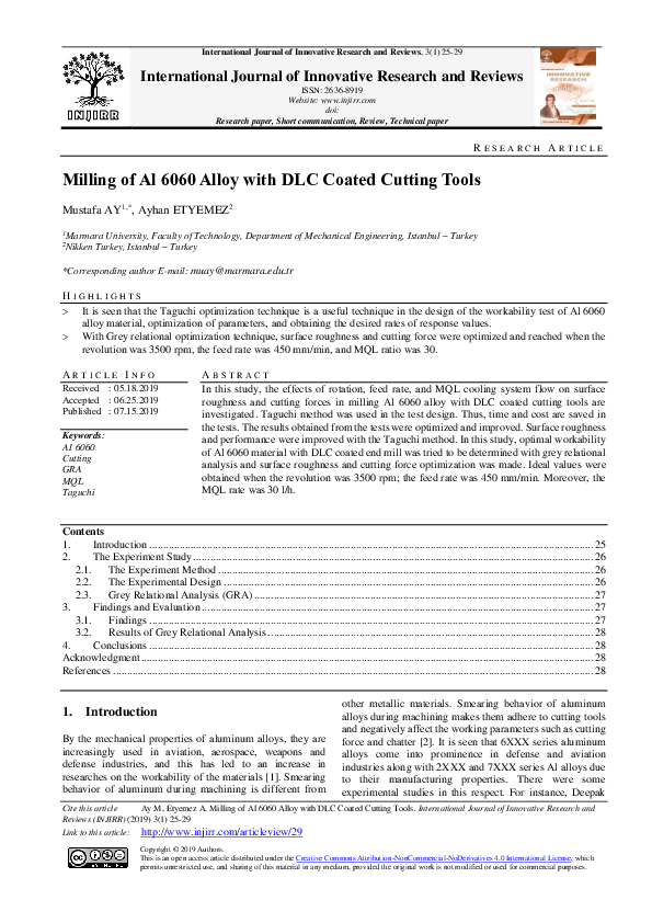 (PDF) Milling of Al 6060 Alloy with DLC Coated Cutting Tools