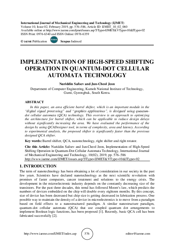 (PDF) IMPLEMENTATION OF HIGH-SPEED SHIFTING OPERATION IN QUANTUM-DOT CELLULAR AUTOMATA TECHNOLOGY
