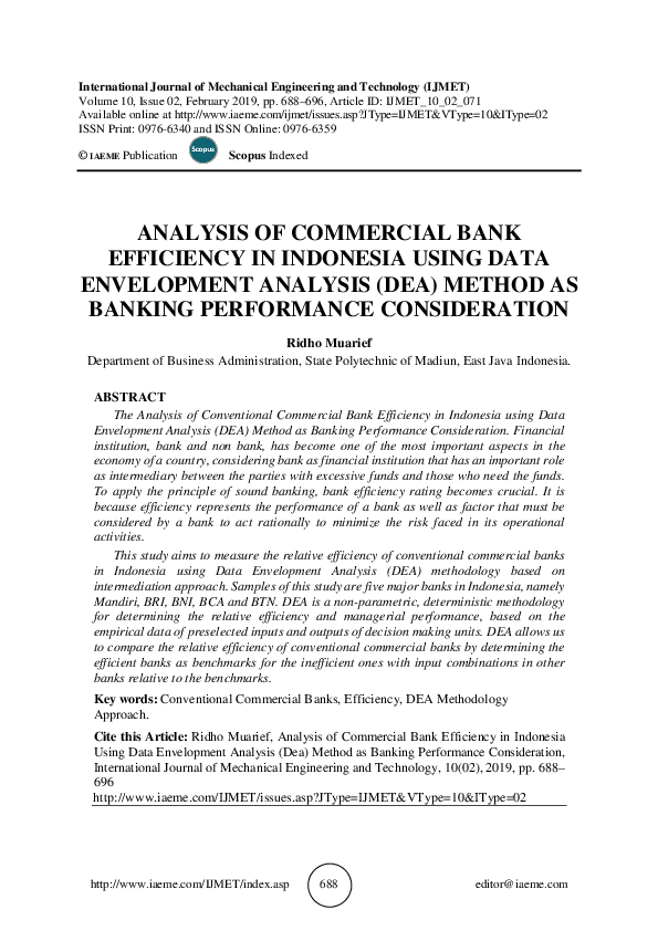 (PDF) ANALYSIS OF COMMERCIAL BANK EFFICIENCY IN INDONESIA USING DATA ENVELOPMENT ANALYSIS (DEA ...