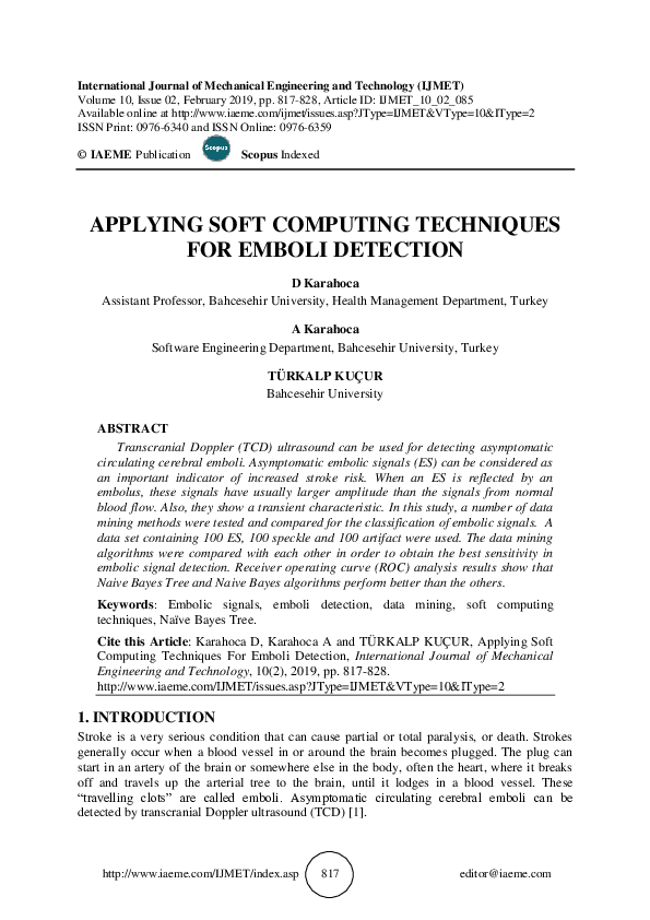 Pdf Applying Soft Computing Techniques For Emboli Detection Iaeme Publication