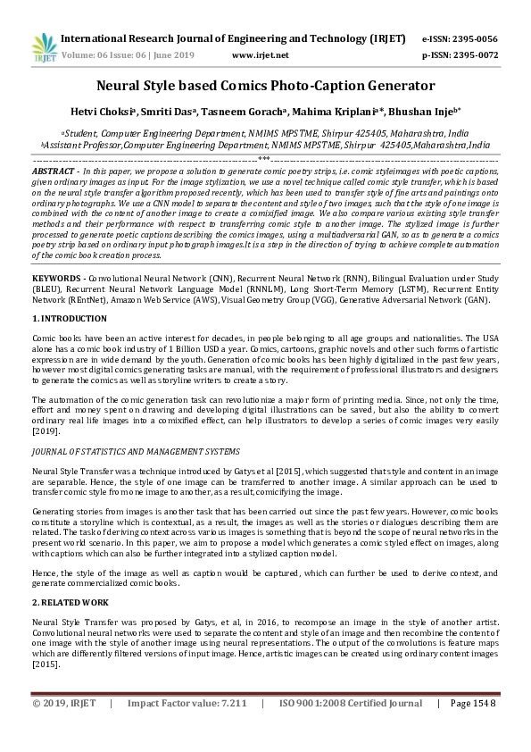 (PDF) IRJET- Neural Style based Comics Photo-Caption Generator