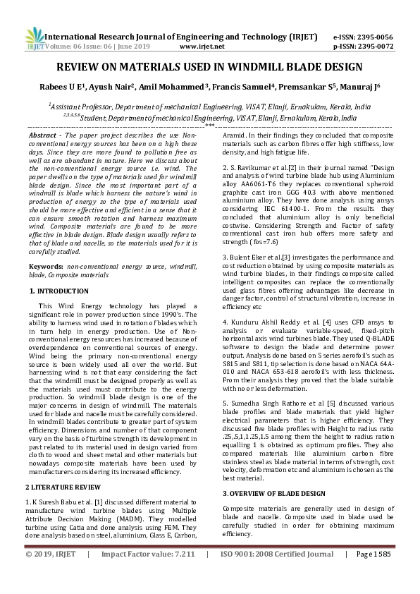(PDF) IRJET- REVIEW ON MATERIALS USED IN WINDMILL BLADE DESIGN