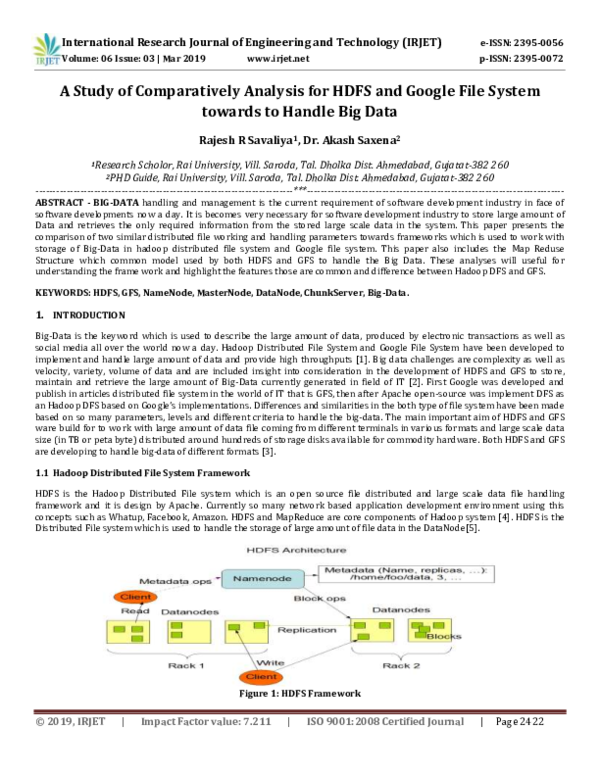 (PDF) IRJET- A Study of Comparatively Analysis for HDFS and Google File System towards to Handle ...