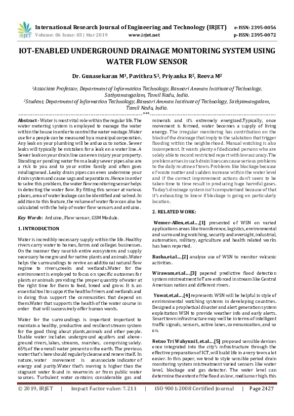 Pdf Irjet Iot Enabled Underground Drainage Monitoring System Using Water Flow Sensor