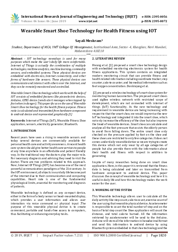 Pdf Irjet Wearable Smart Shoe Technology For Health Fitness Using Iot Irjet Journal