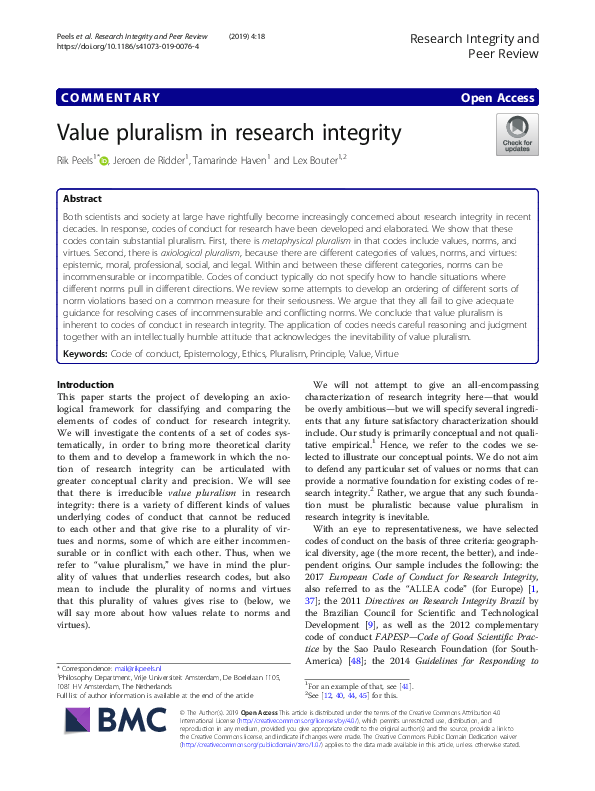 (PDF) Value pluralism in research integrity
