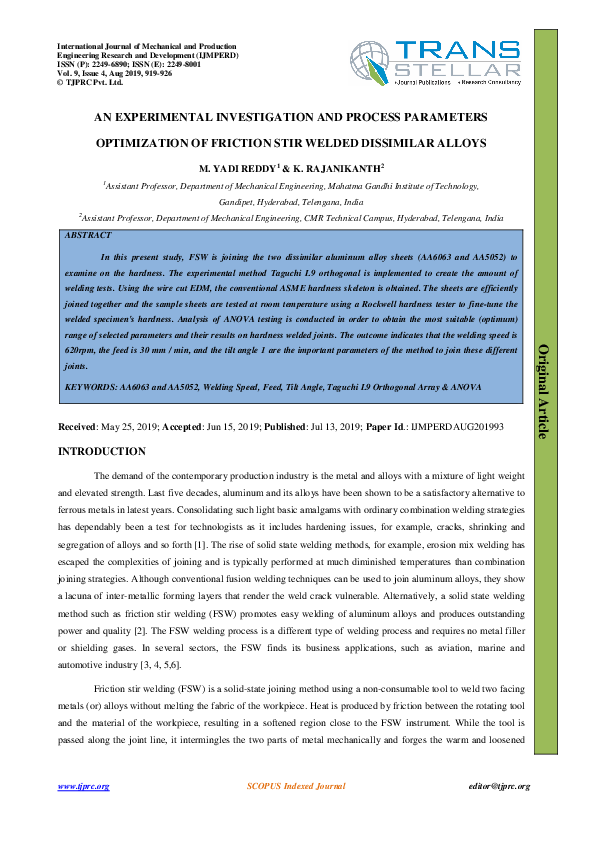 An Experimental Investigation And Process Parameters Optimization Of