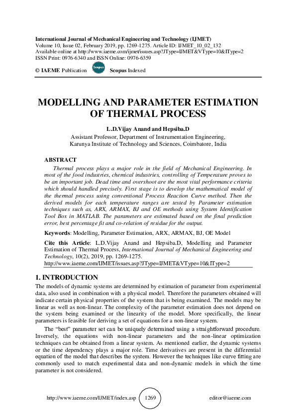 (PDF) MODELLING AND PARAMETER ESTIMATION OF THERMAL PROCESS
