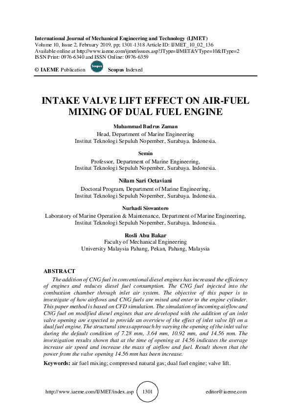 (PDF) INTAKE VALVE LIFT EFFECT ON AIR-FUEL MIXING OF DUAL FUEL ENGINE