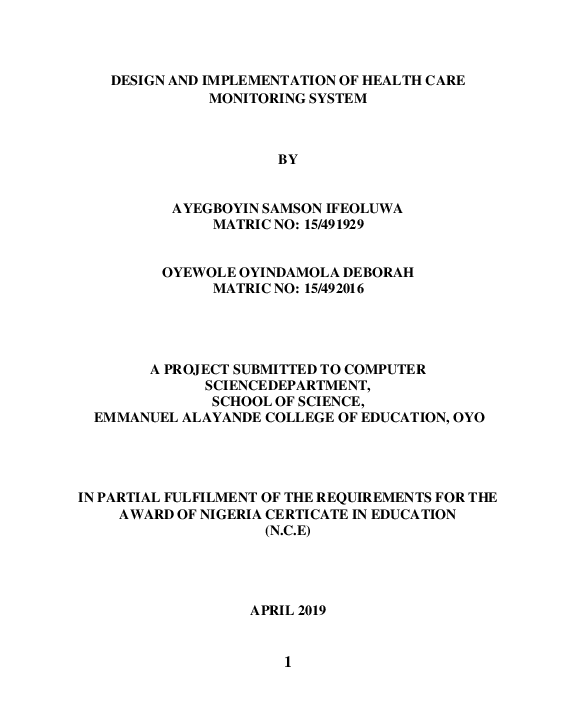 (DOC) DESIGN AND IMPLEMENTATION OF HEALTH CARE MONITORING SYSTEM