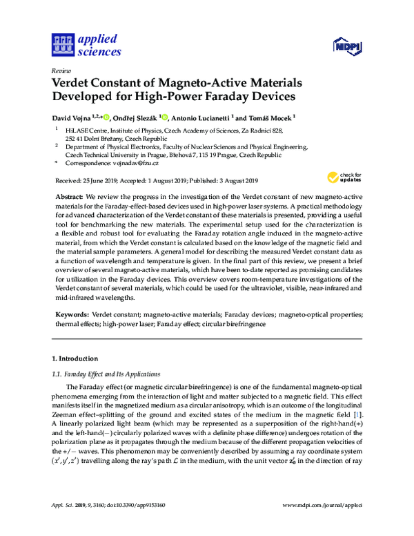 (PDF) Verdet Constant of Magneto-Active Materials Developed for High ...