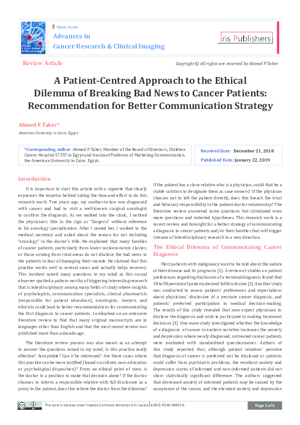 (PDF) A Patient-Centred Approach to the Ethical Dilemma of Breaking Bad ...