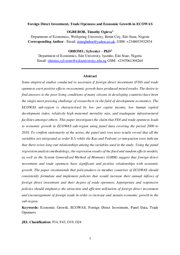 (DOC) FDI, TRADE OPENNESS and Eco Growth in ECOWAS